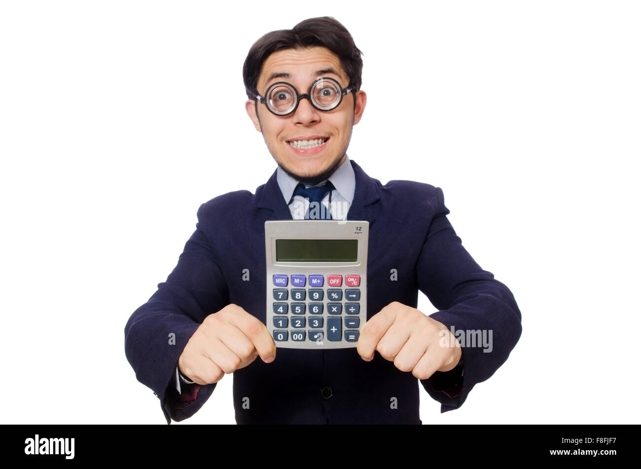 Funny man with calculator isolated on white Stock Photo - Alamy