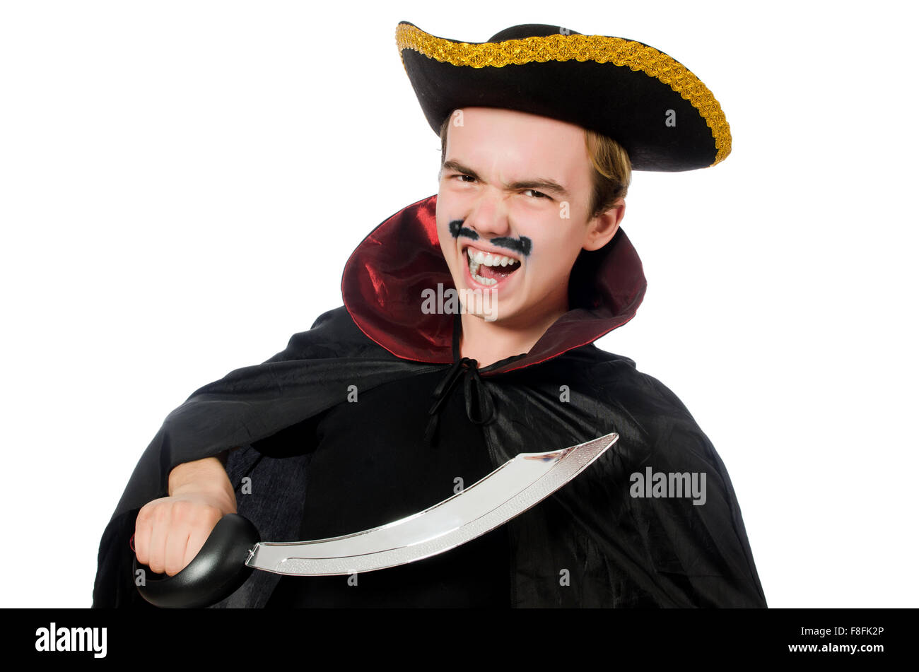 Young pirate holding sword isolated on white Stock Photo - Alamy