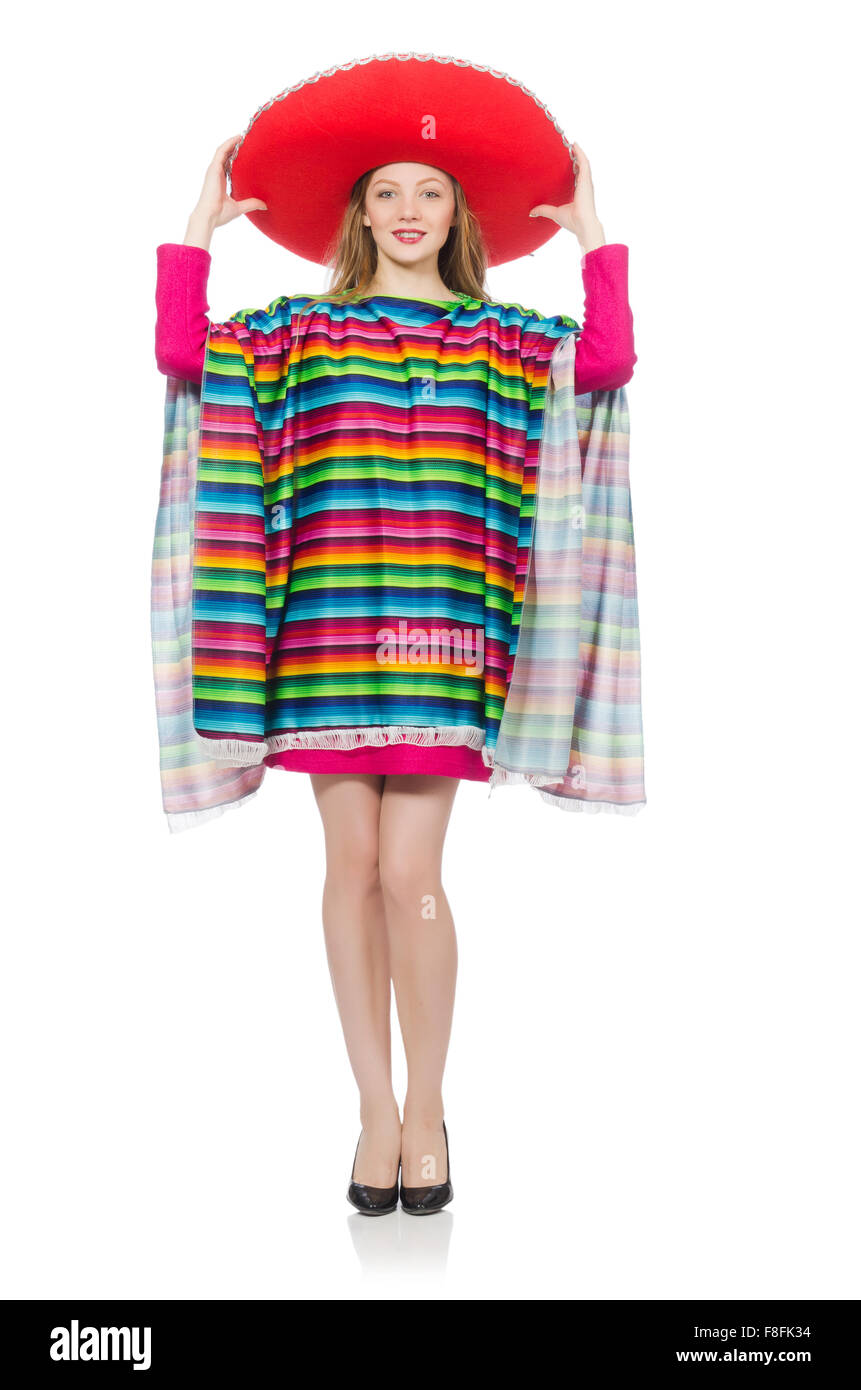 Pretty girl in mexican poncho isolated on white Stock Photo - Alamy
