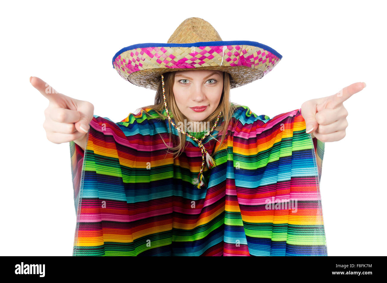 Pretty girl in mexican poncho isolated on white Stock Photo - Alamy