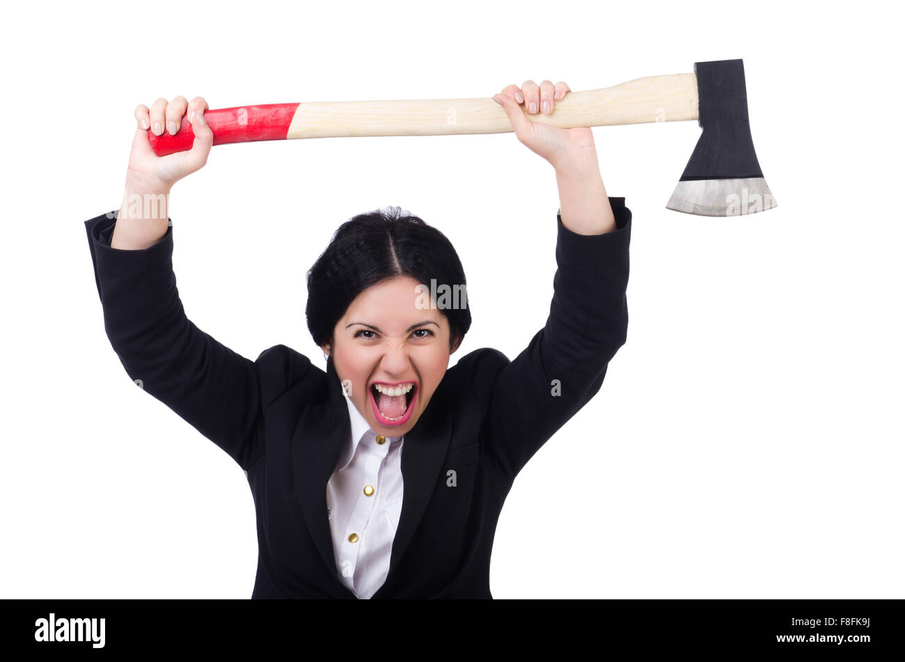 Businesswoman with axe isolated on white Stock Photo - Alamy