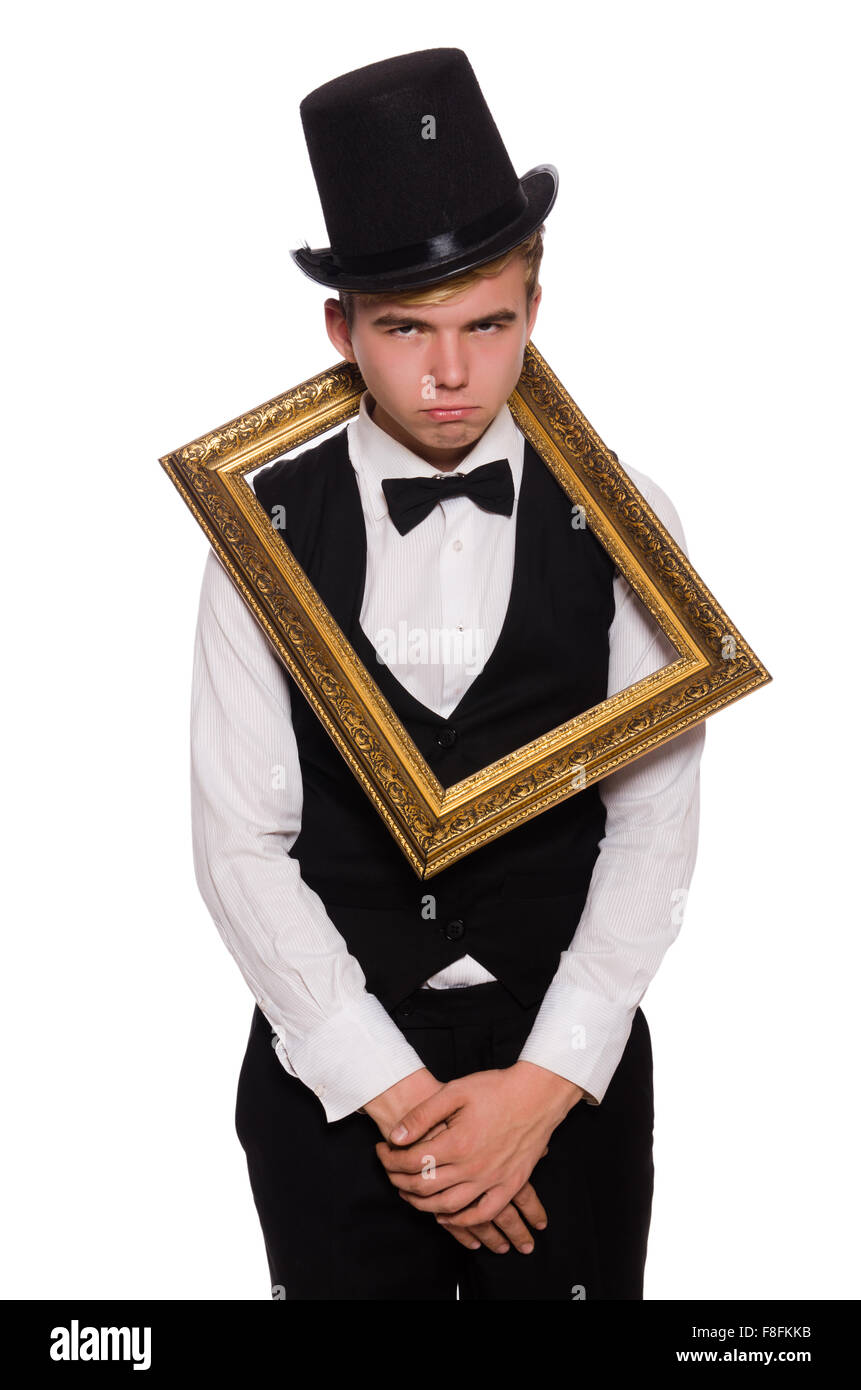 Young man holding frame isolated on white Stock Photo - Alamy