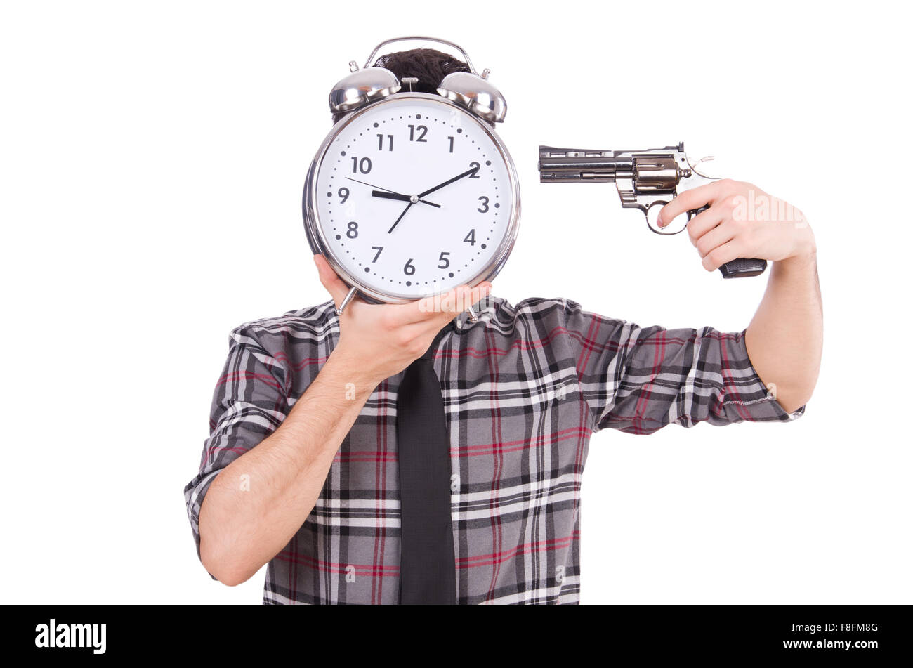Employee holding alarm clock and weapon isolated on white Stock Photo ...
