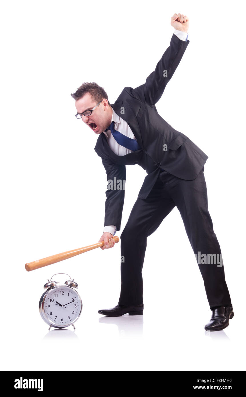 Man hitting the clock with baseball bat isolated on the white Stock ...