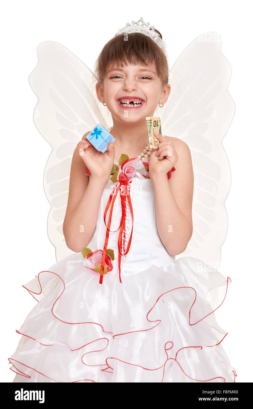 lost tooth child dressed as tooth fairy with gifts and money Stock ...