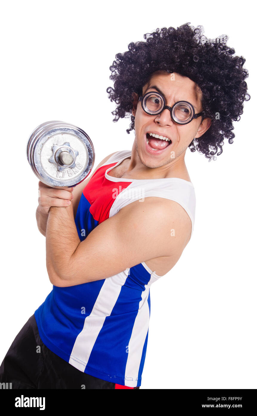 Funny man exercising with dumbbells Stock Photo - Alamy
