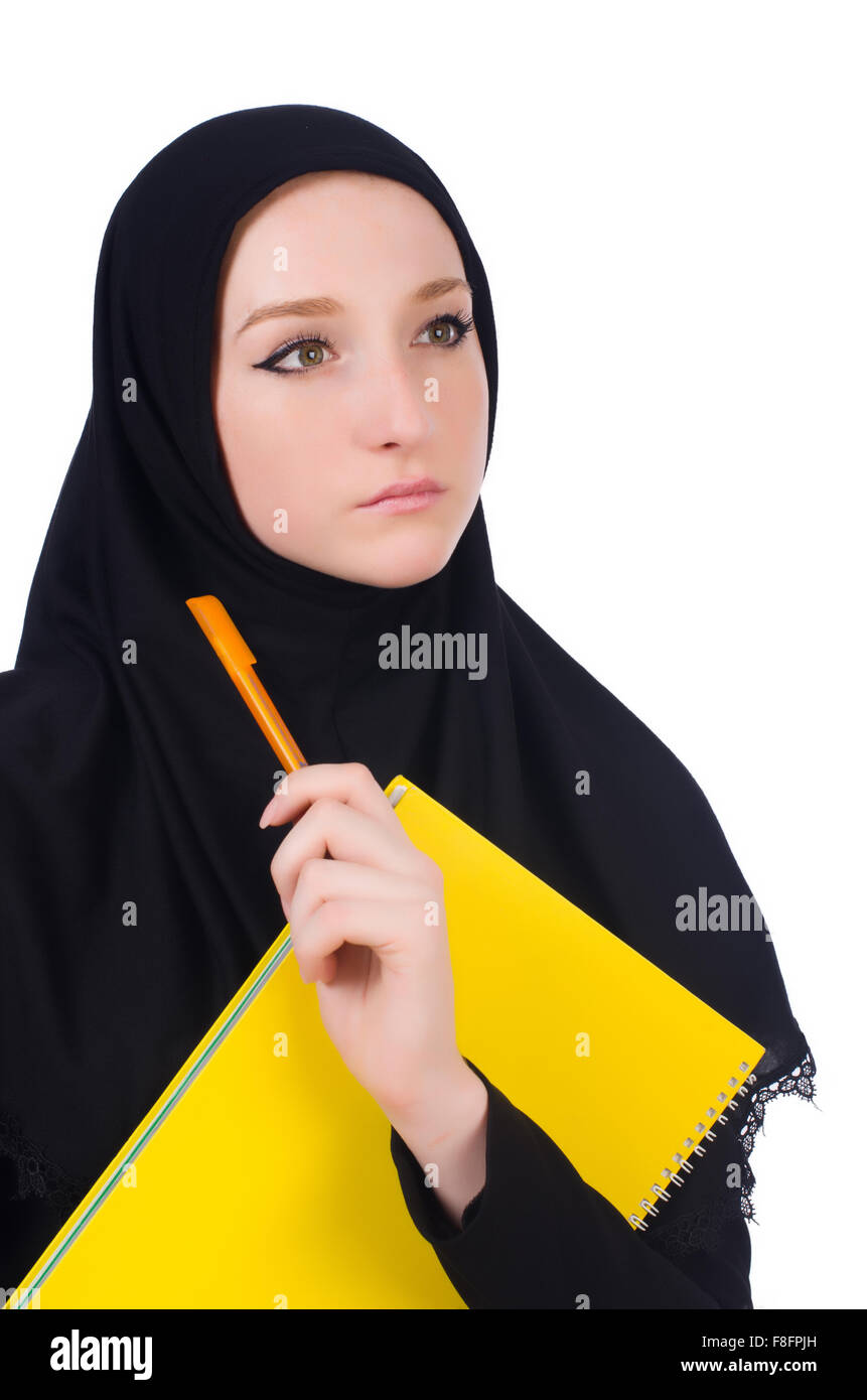 Young muslim student with books on white Stock Photo - Alamy