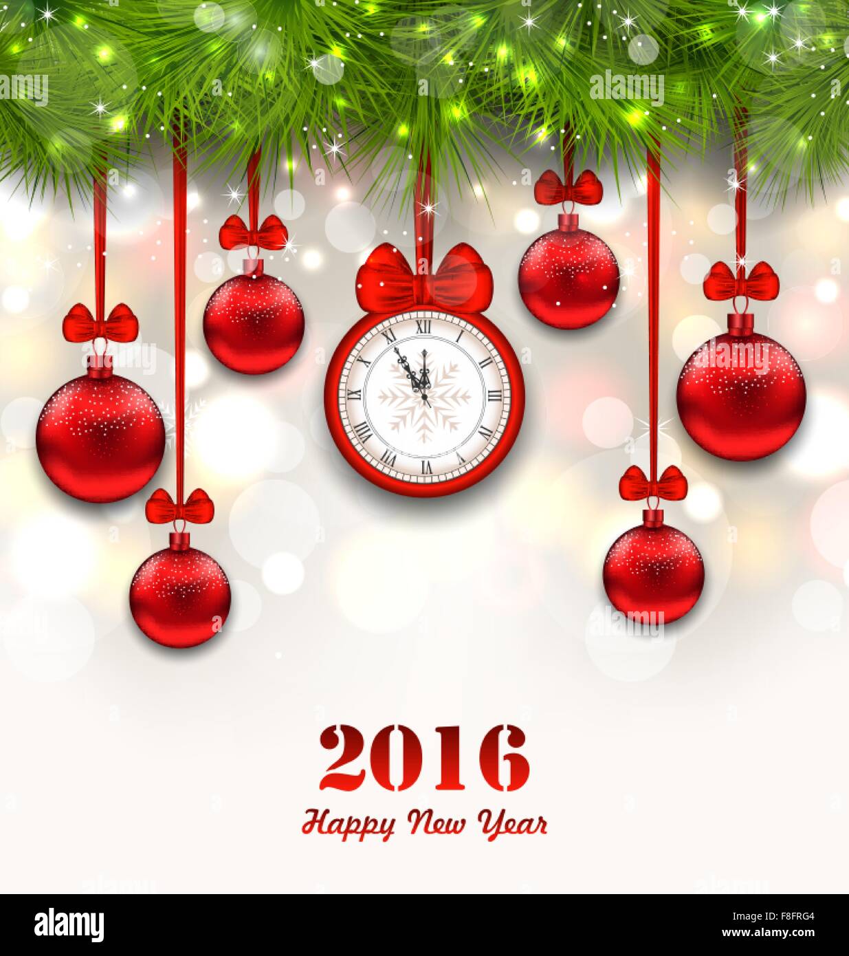 New Year Magic Background with Clock, Fir Twigs and Glass Ball Stock ...