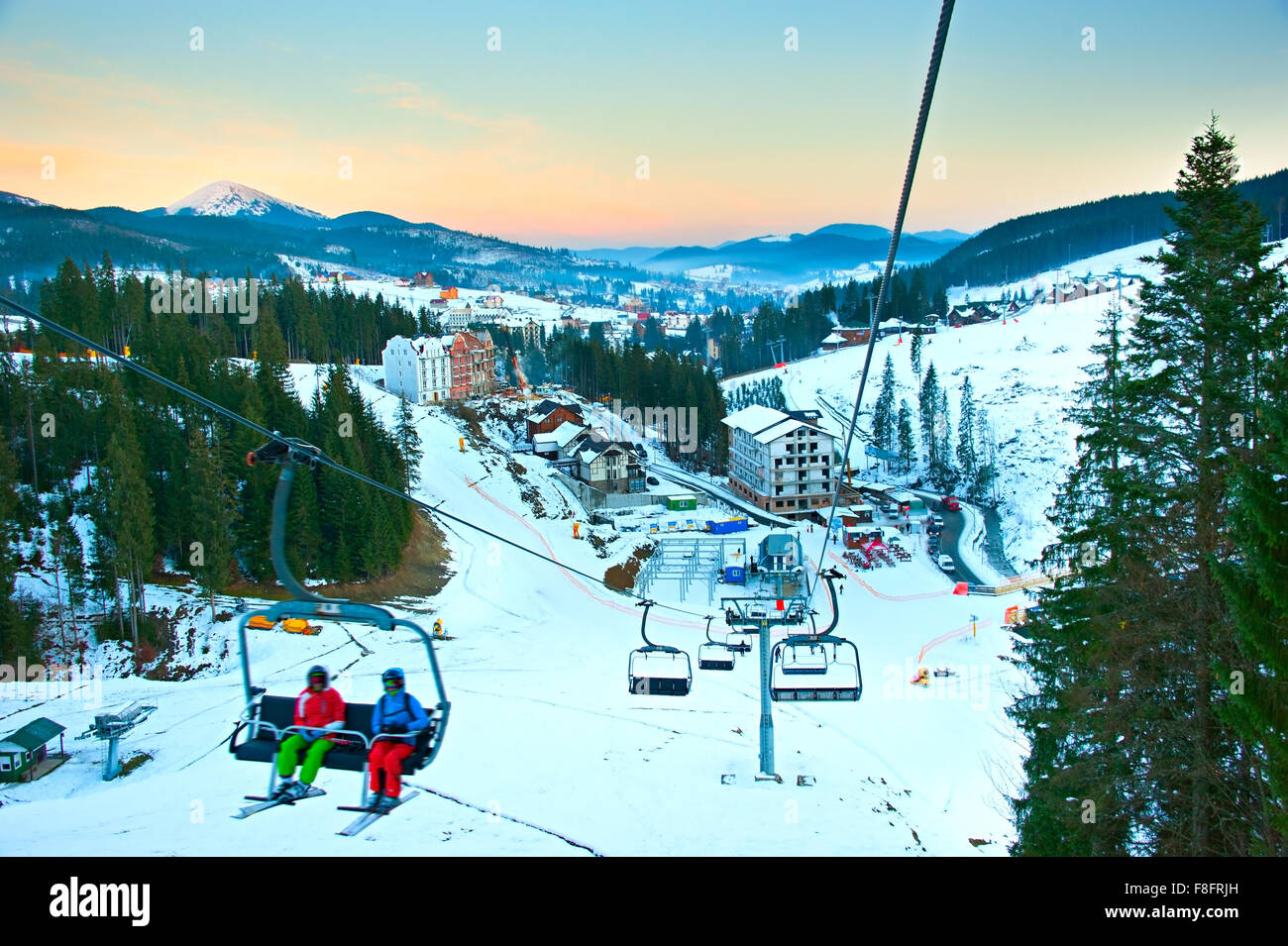 Aerial view from the sky lift on Bukovel - famous Ukrainian ski resort ...