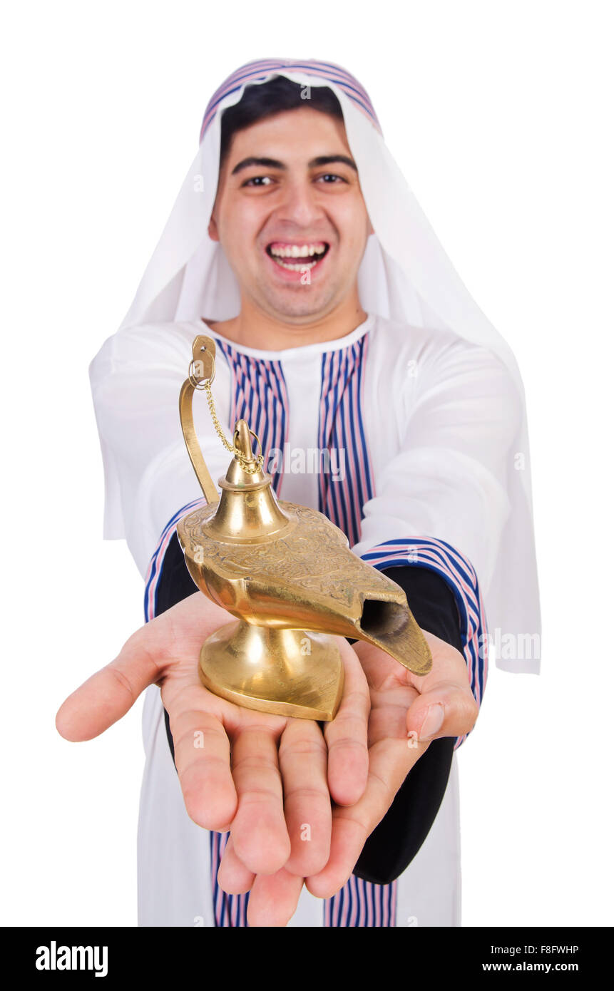 Arab man with lamp isolated on white Stock Photo - Alamy