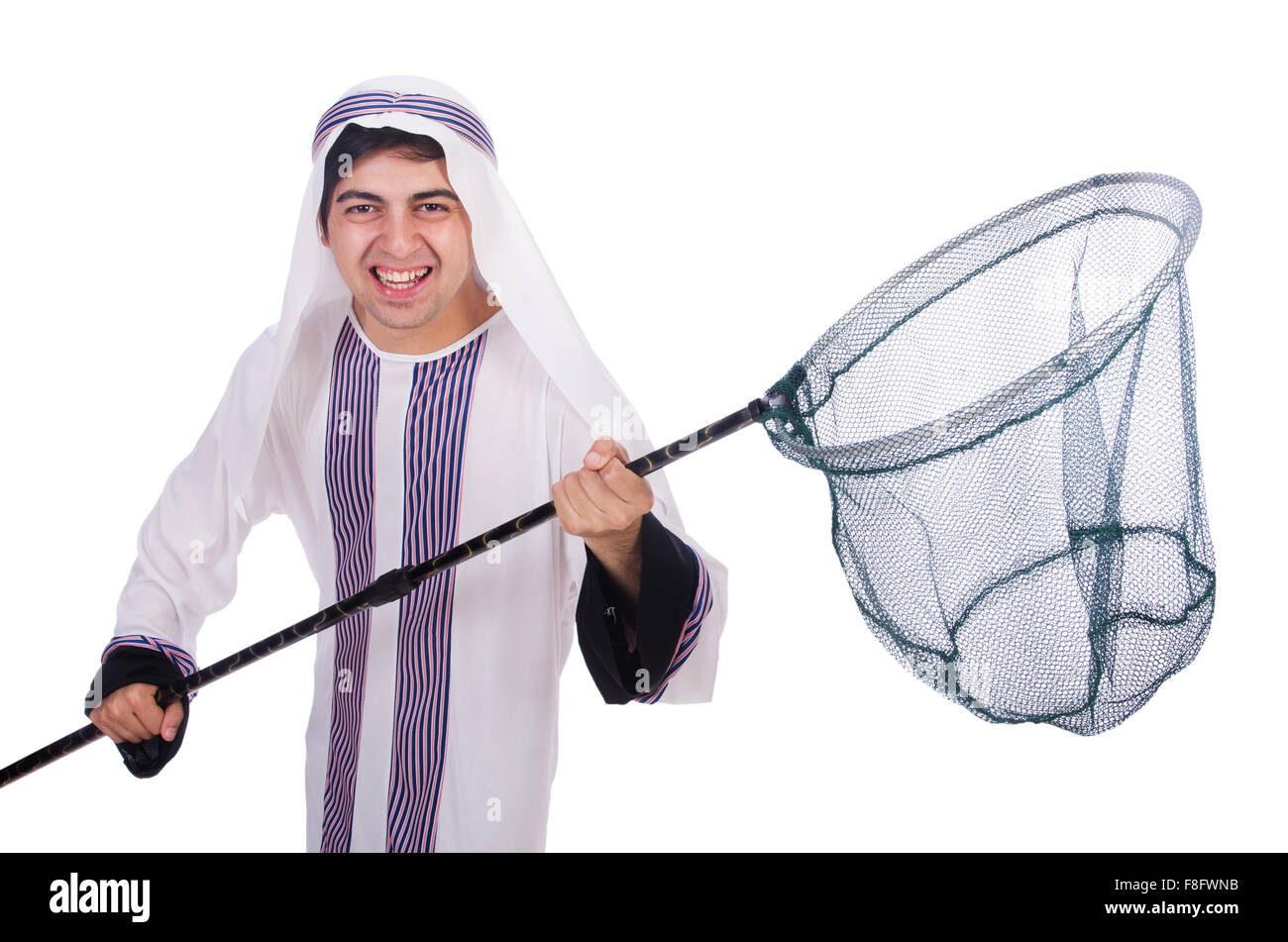 Arab businessman with catching net on white Stock Photo - Alamy