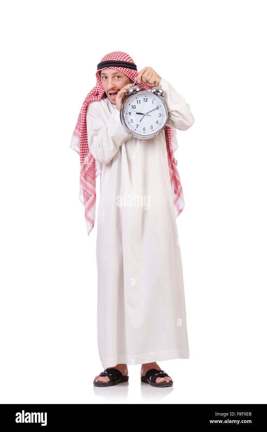 Arab man in time concept on white Stock Photo - Alamy