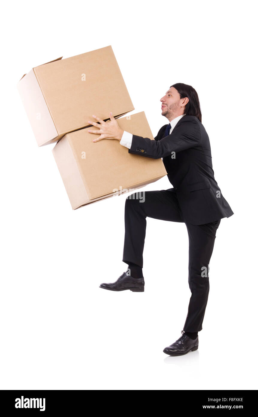 Funny man with boxes on white Stock Photo - Alamy