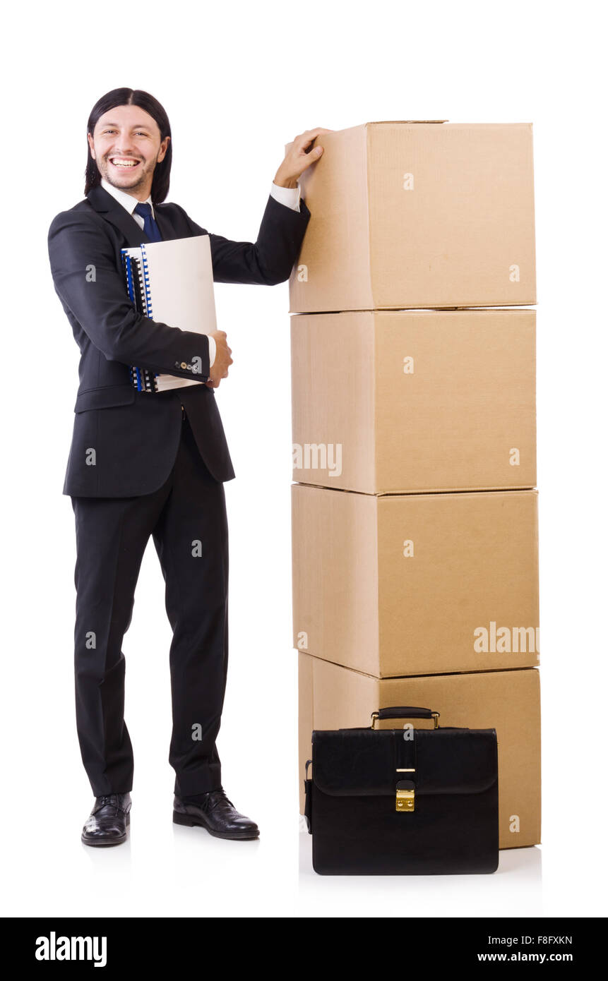 Man with boxes full of work Stock Photo - Alamy