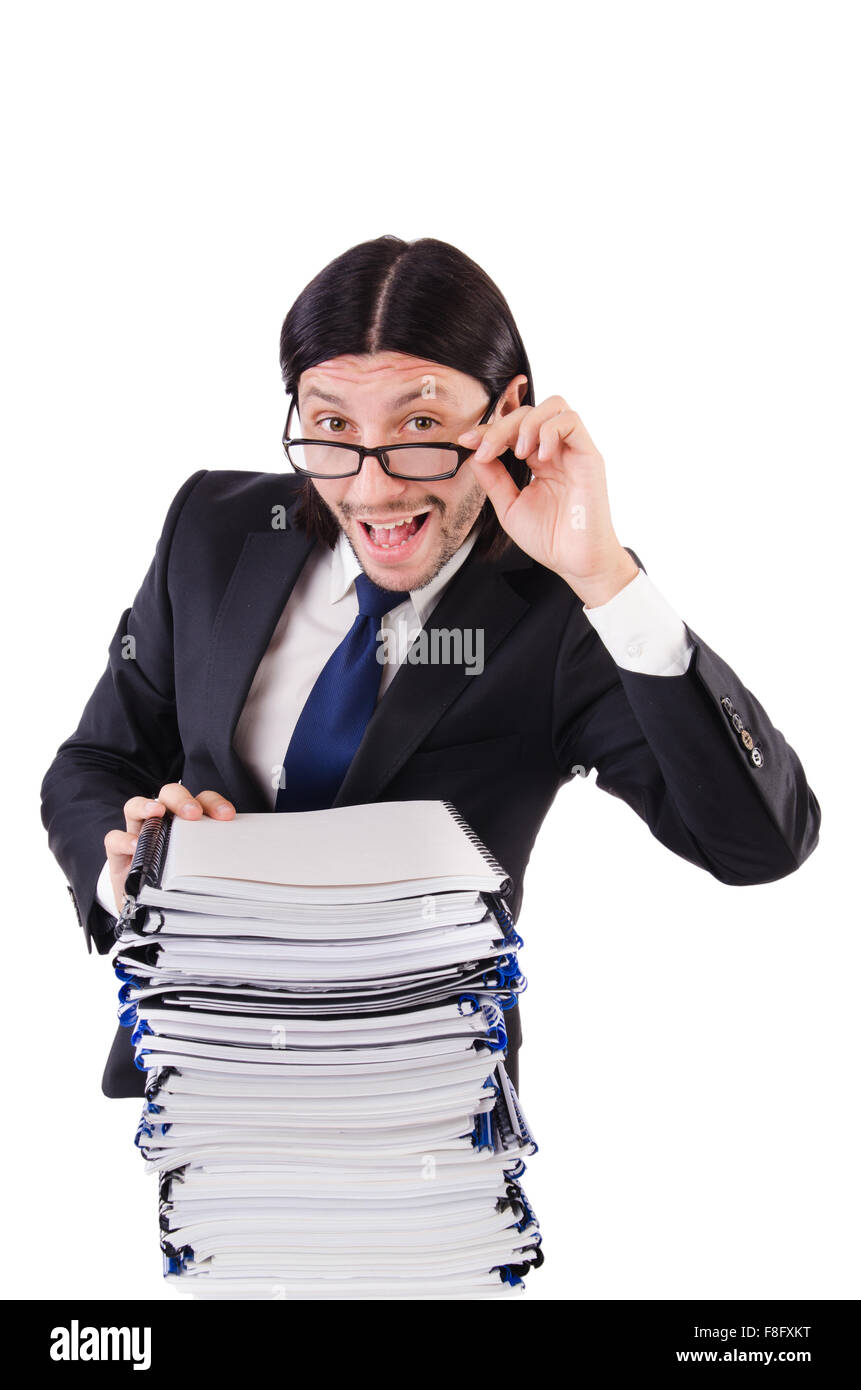 Funny man with lots of papers on white Stock Photo - Alamy