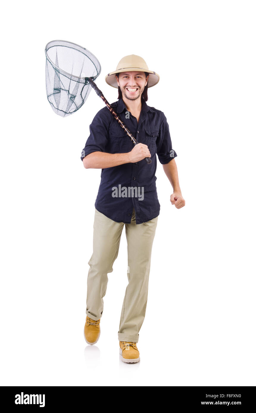 Funny guy with catching net on white Stock Photo - Alamy