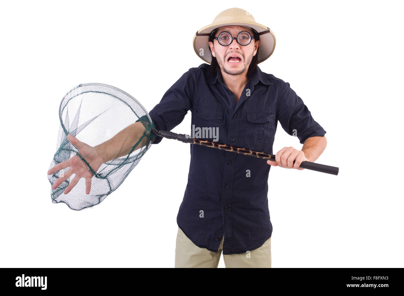 Funny guy with catching net on white Stock Photo - Alamy