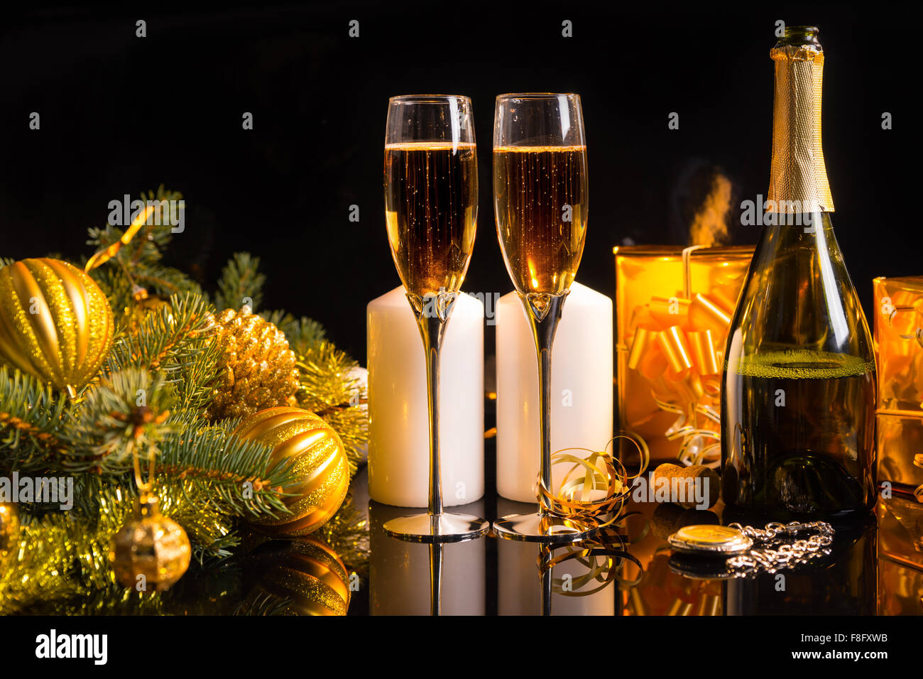 Festive Still Life - Two Glasses of Sparkling Champagne with Bottle ...