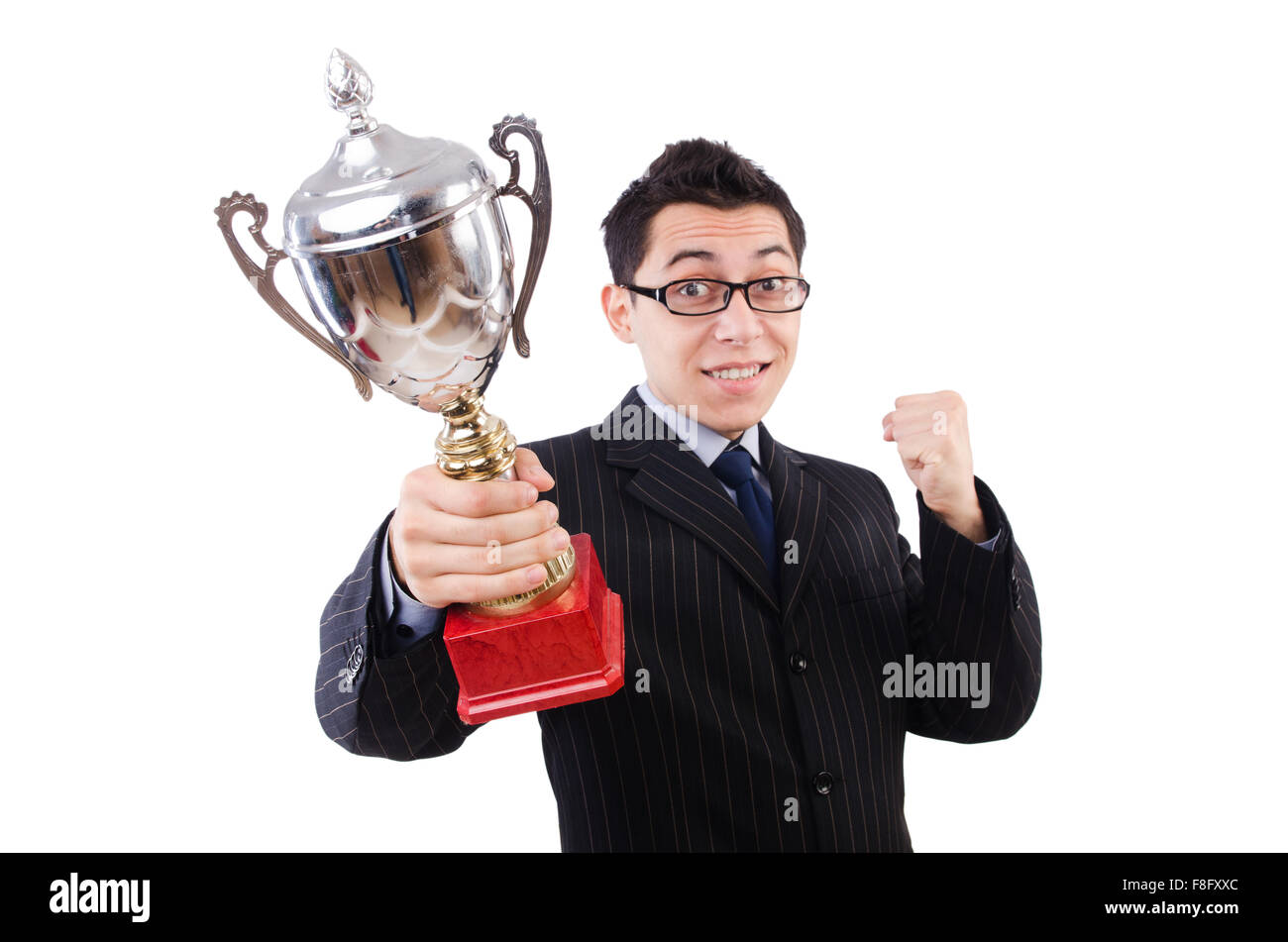 Funny guy receiving award on white Stock Photo - Alamy