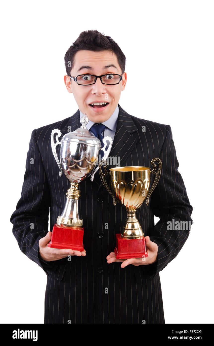 Funny guy receiving award on white Stock Photo - Alamy