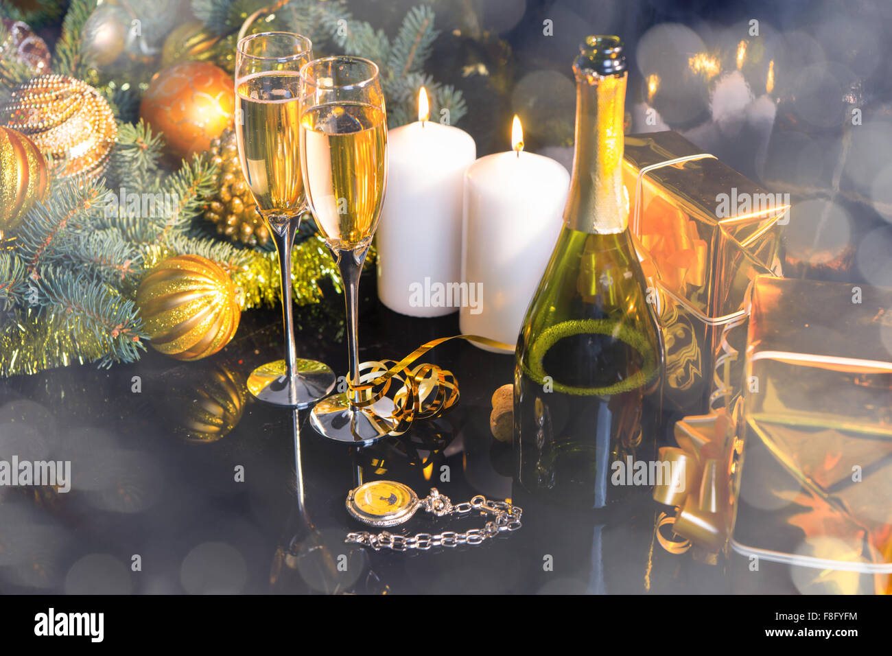 High Angle Festive Still Life - Two Glasses of Sparkling Champagne with ...