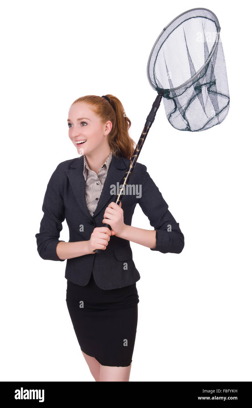 Young woman with catching net on white Stock Photo - Alamy