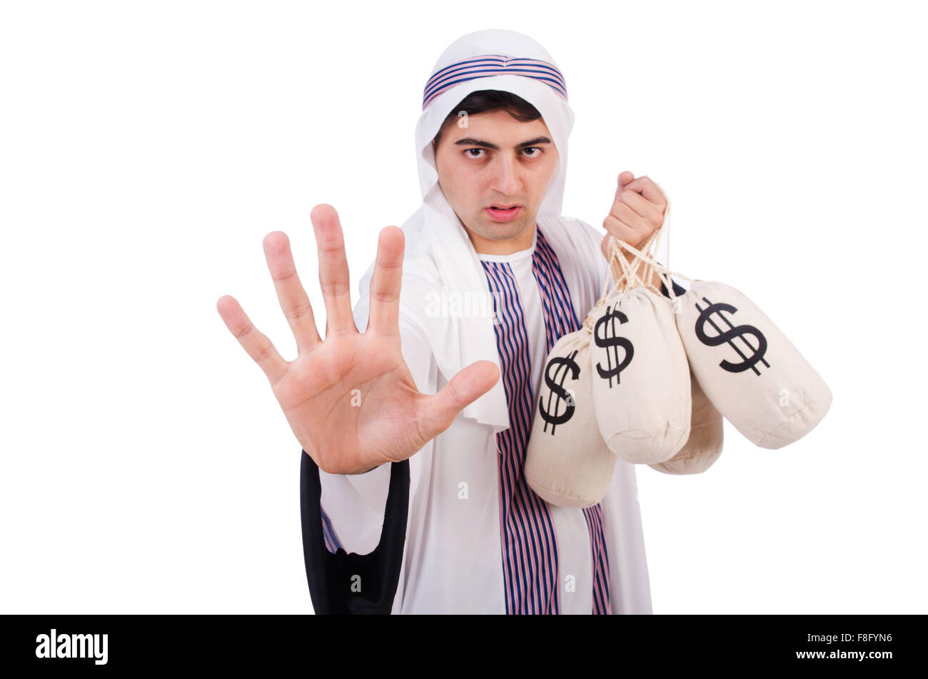 Arab man with money sacks isolated on white Stock Photo - Alamy