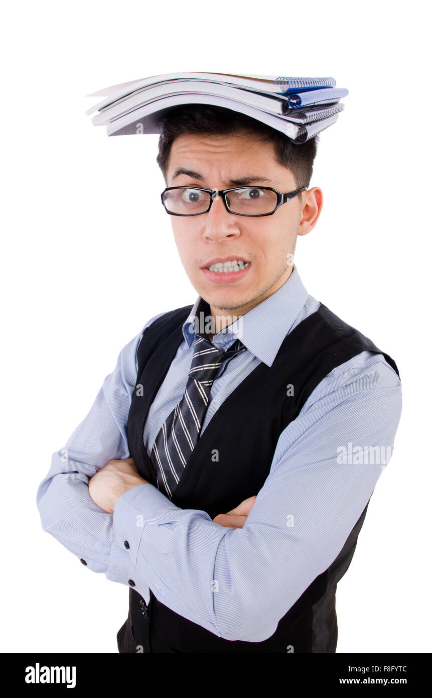 Funny man with lots of folders on white Stock Photo - Alamy