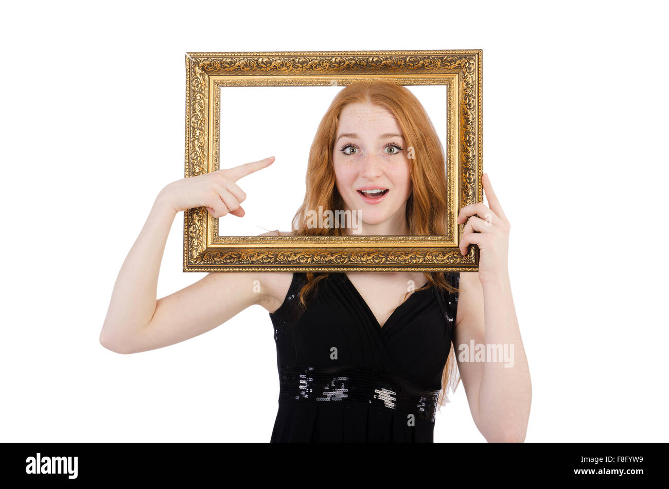 Woman with picture frame isolated on white Stock Photo - Alamy