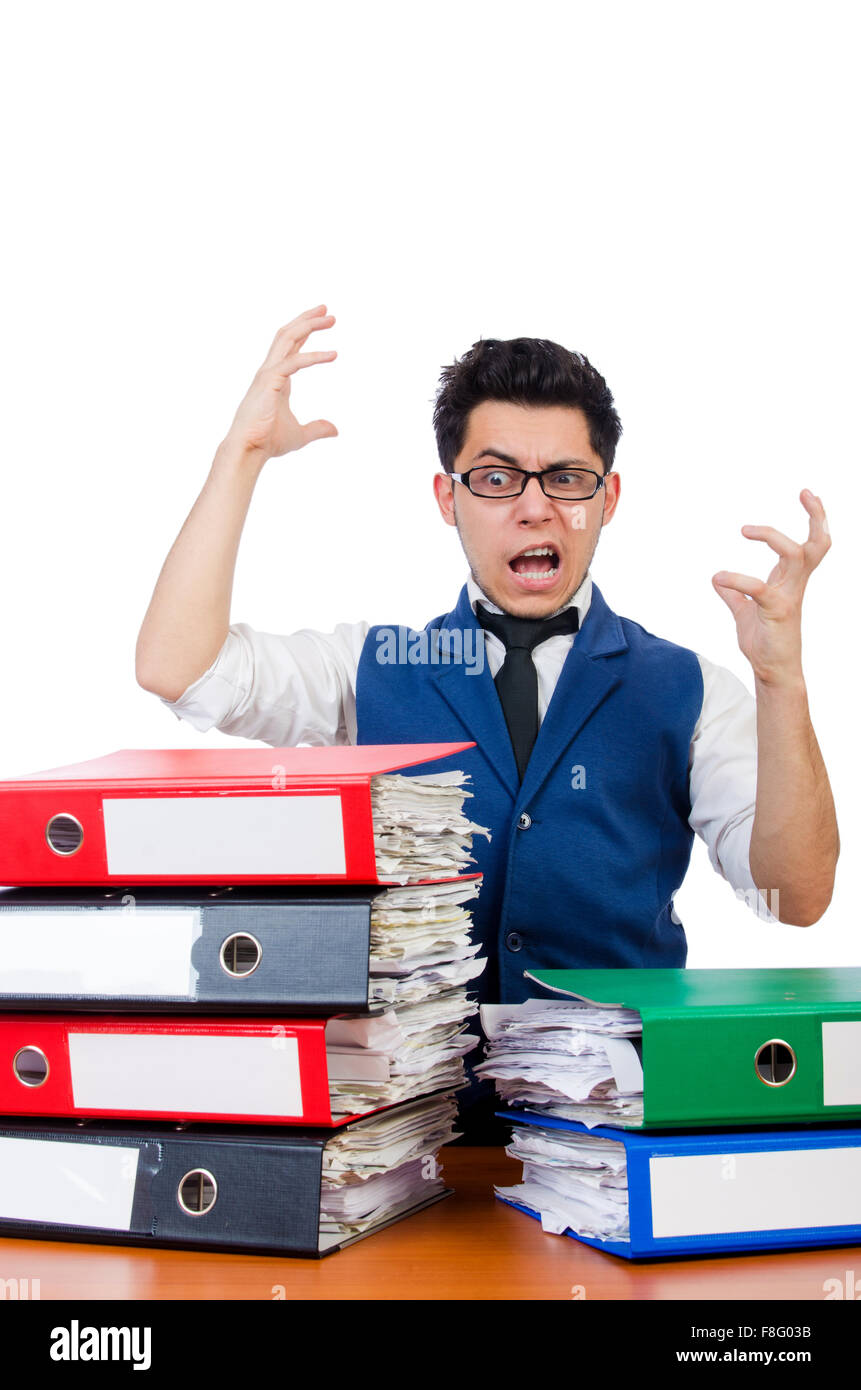 Funny man with lots of folders on white Stock Photo - Alamy