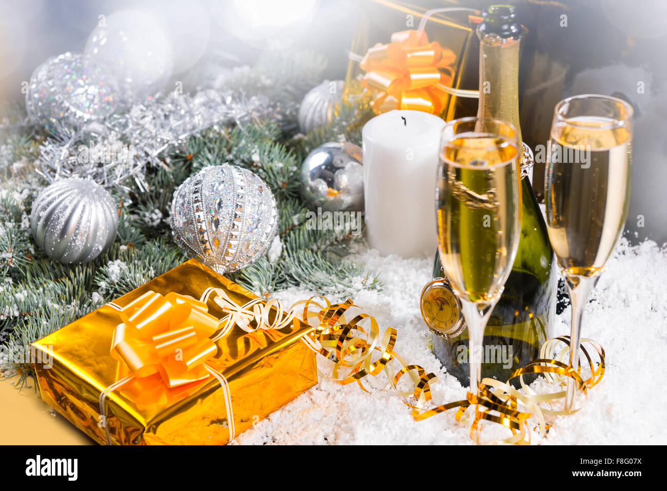 Festive Still Life - Glasses of Champagne with Gold Wrapped Gifts and ...
