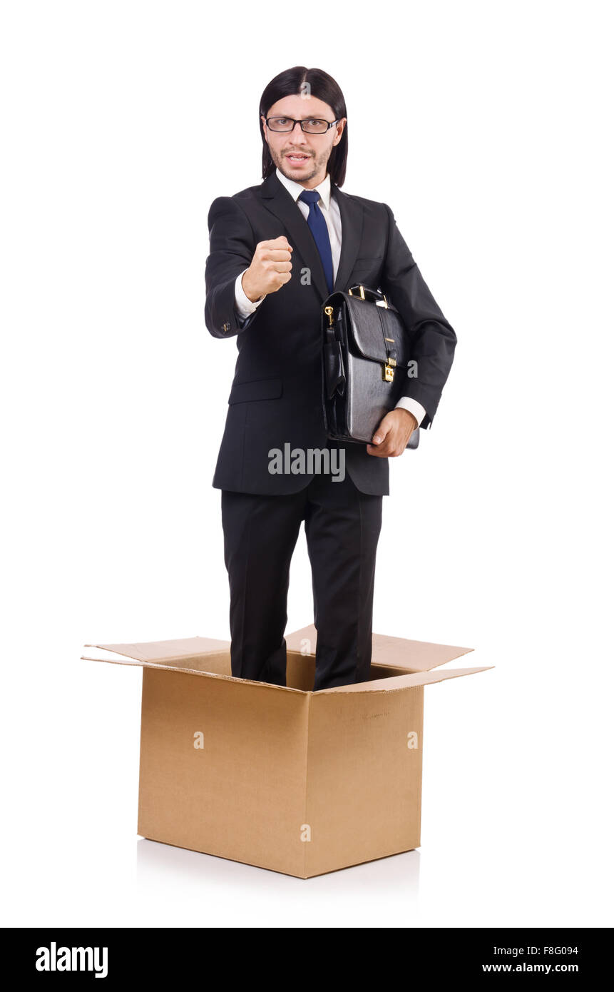 Man in thinking out of the box concept Stock Photo - Alamy