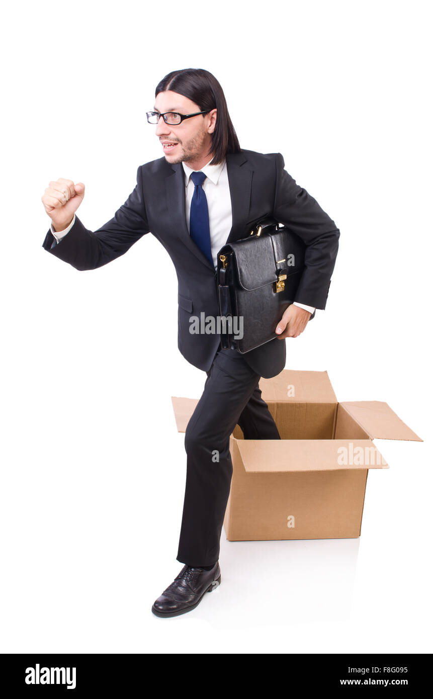 Man in thinking out of the box concept Stock Photo - Alamy
