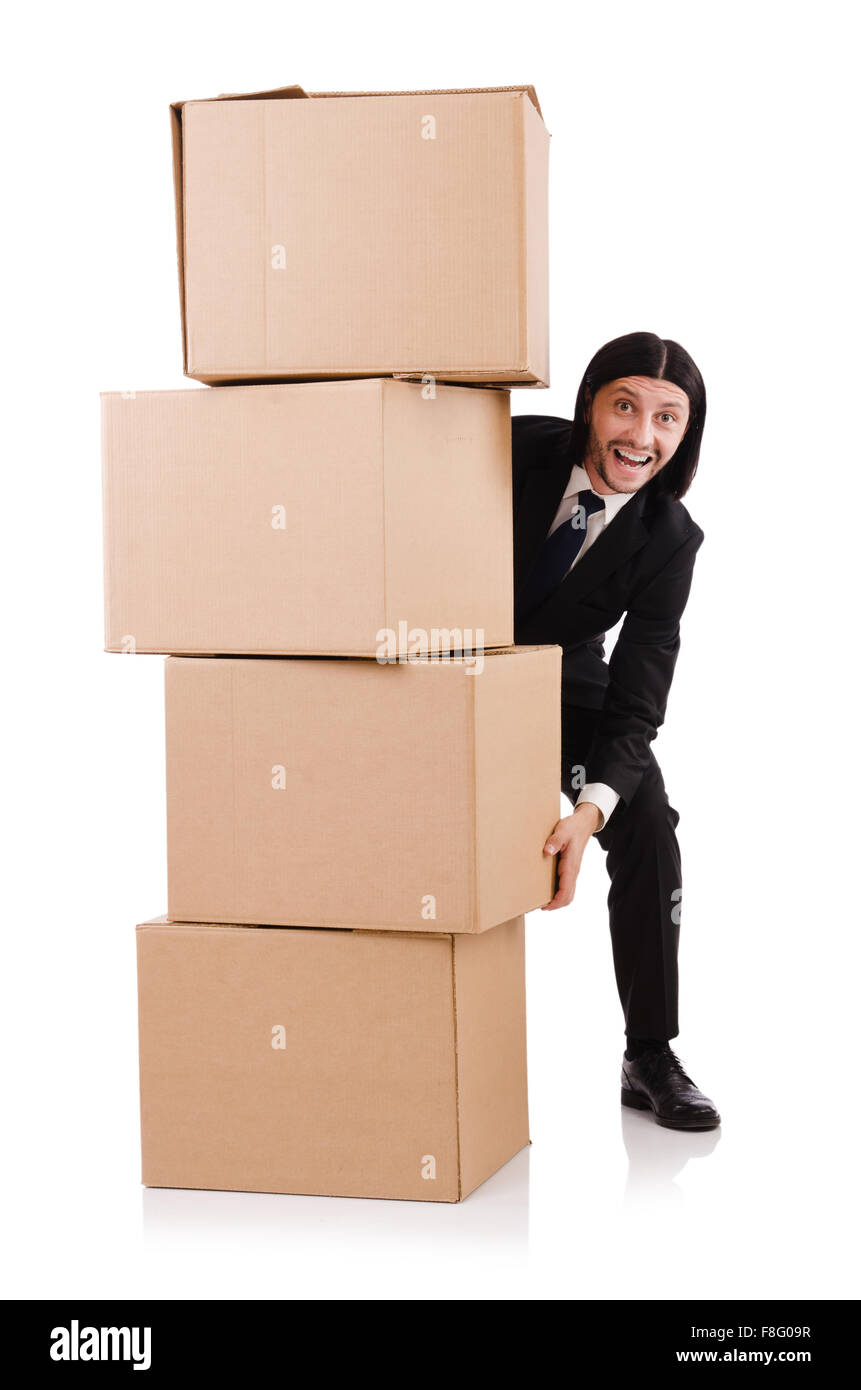 Funny man with boxes on white Stock Photo - Alamy