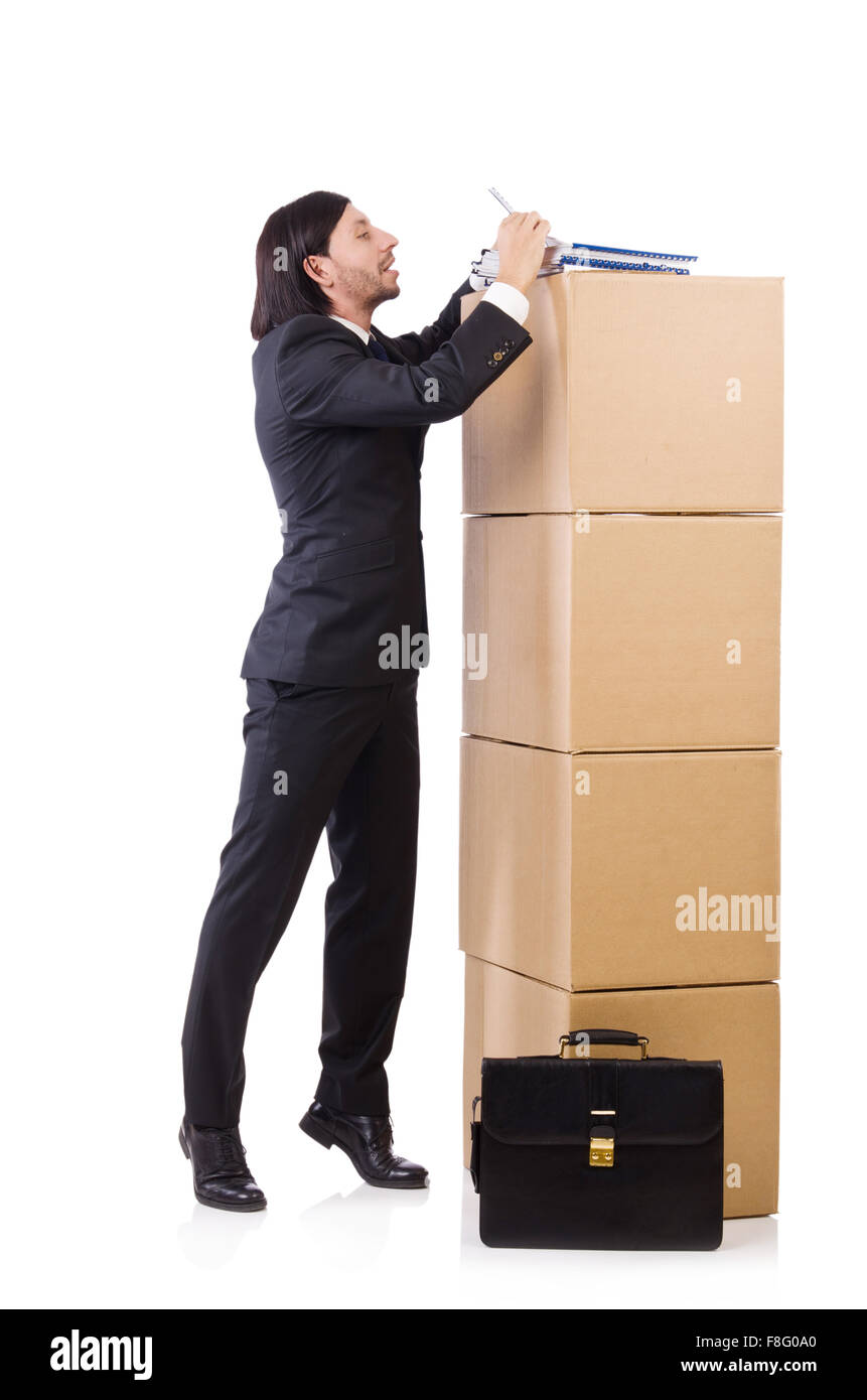 Man with boxes full of work Stock Photo - Alamy