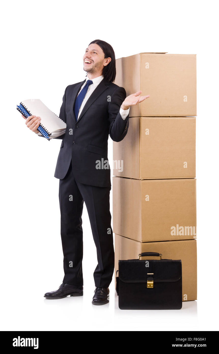 Man with boxes full of work Stock Photo - Alamy