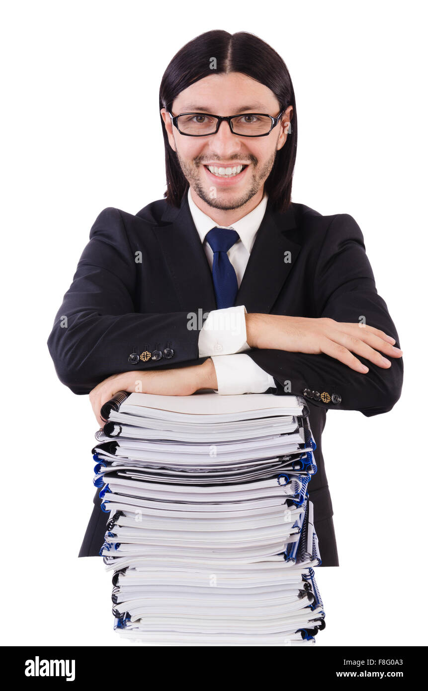 Funny man with lots of papers on white Stock Photo - Alamy