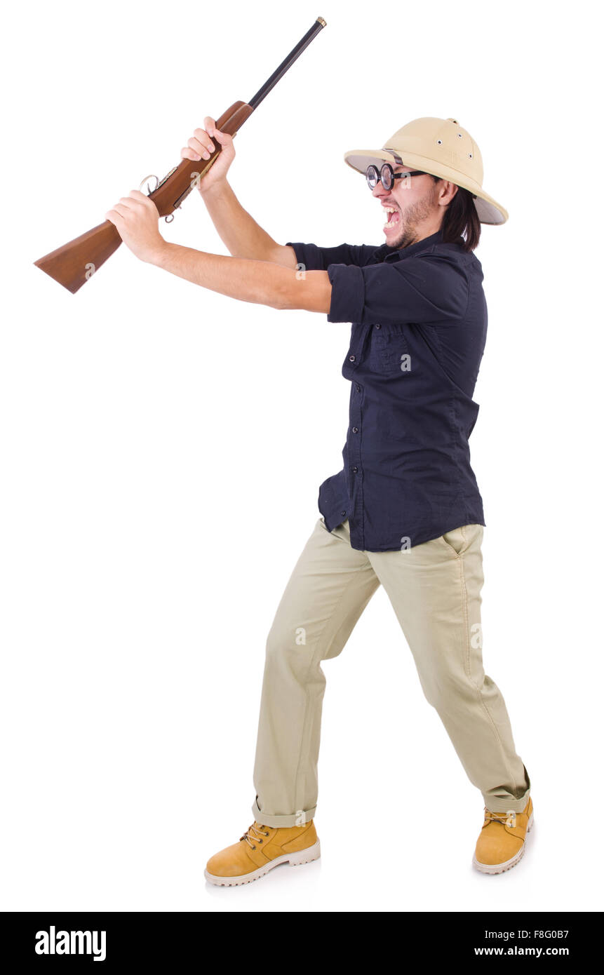 Funny hunter wearing safari hat Stock Photo - Alamy