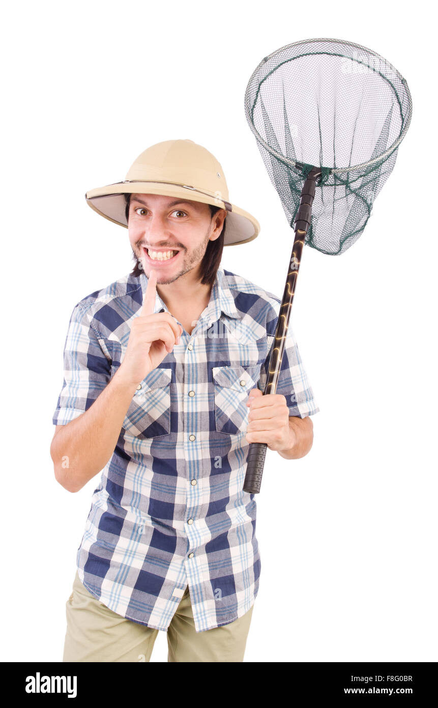 Funny guy with catching net on white Stock Photo - Alamy