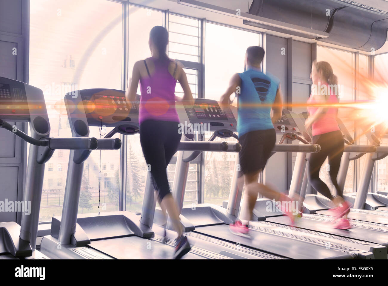 group of young people running on treadmills in modern sport gym Stock ...