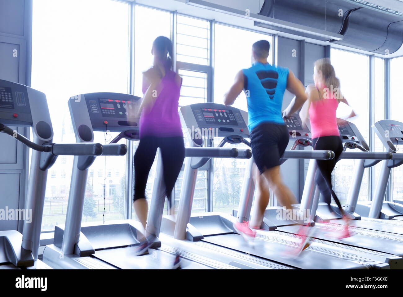 group of young people running on treadmills in modern sport gym Stock ...