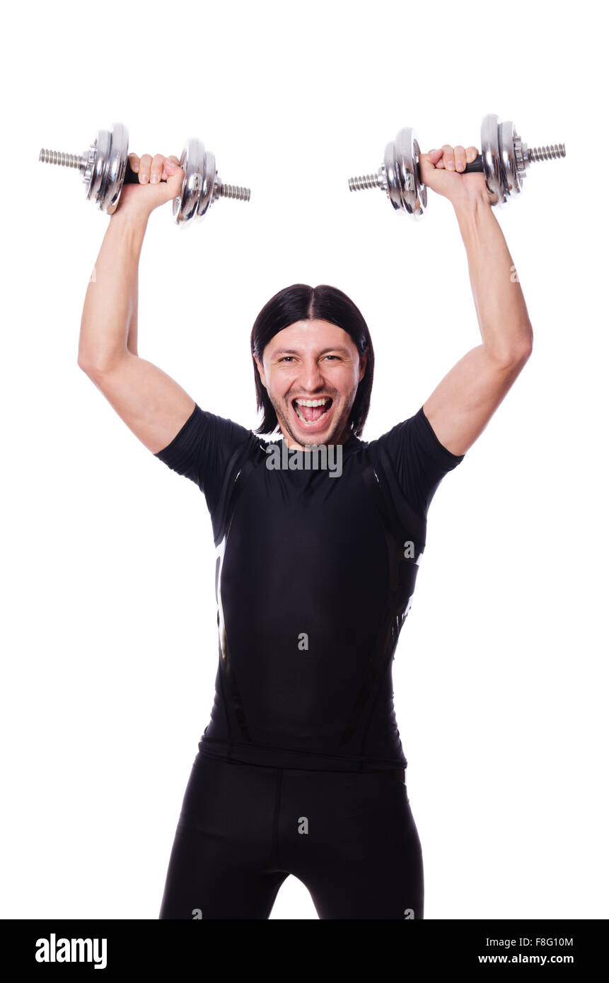Man training with dumbbells on white Stock Photo - Alamy