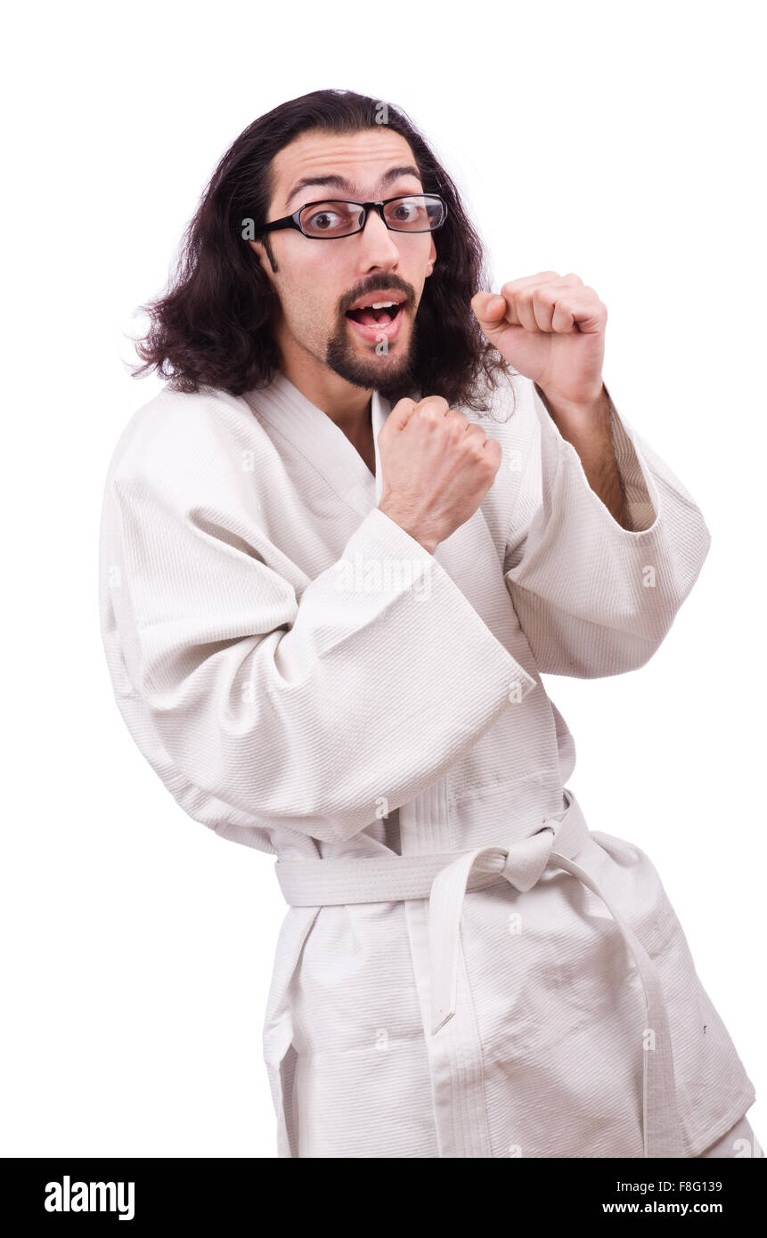 Funny karate fighter isolated on the white Stock Photo - Alamy