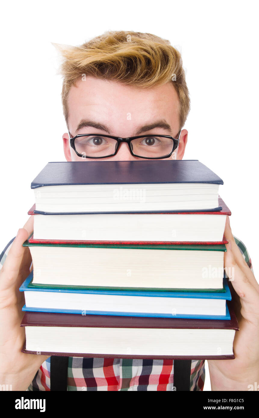 Funny student with stack of books Stock Photo - Alamy