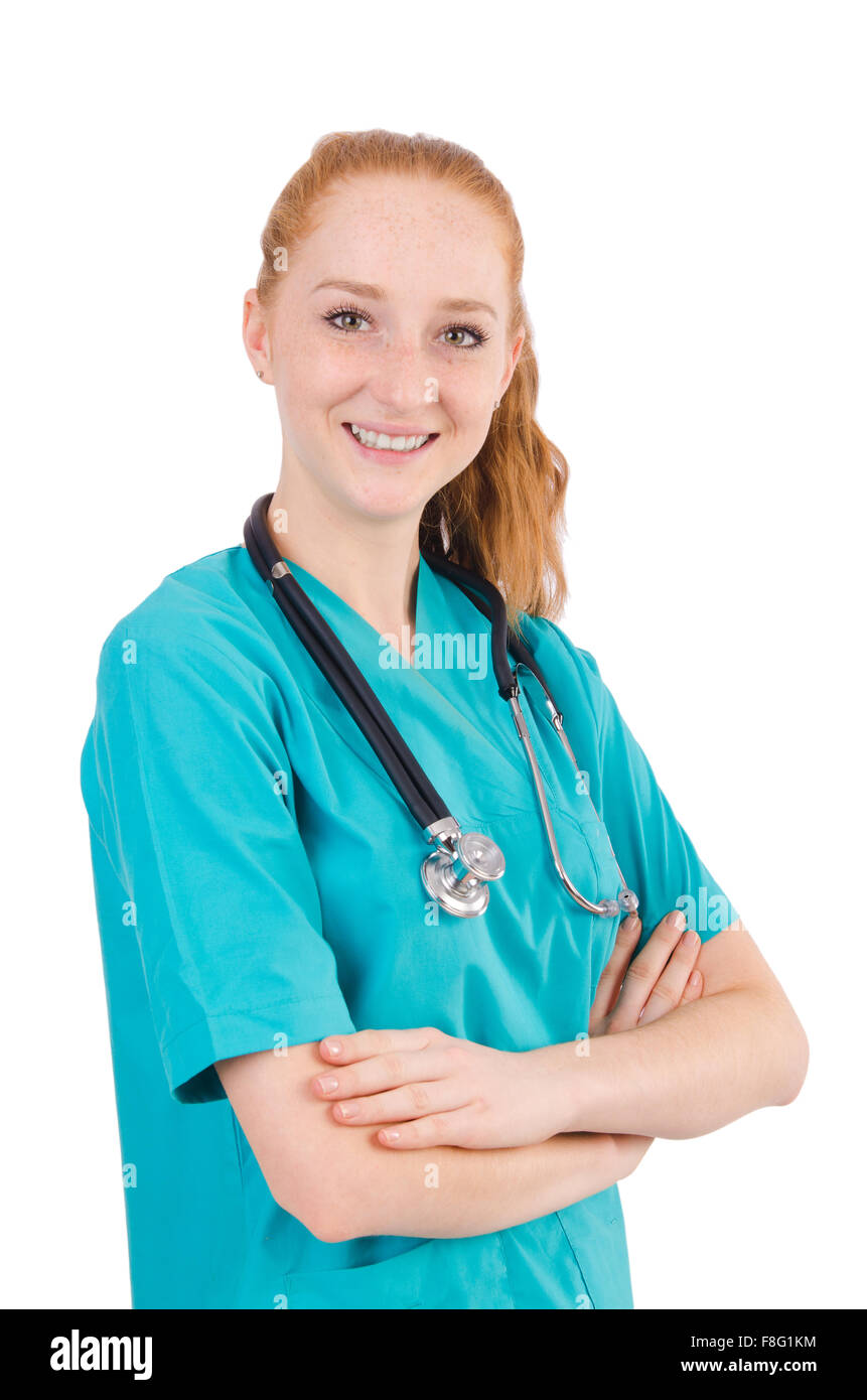 Young medical trainee with stethoscope isolated on white Stock Photo ...