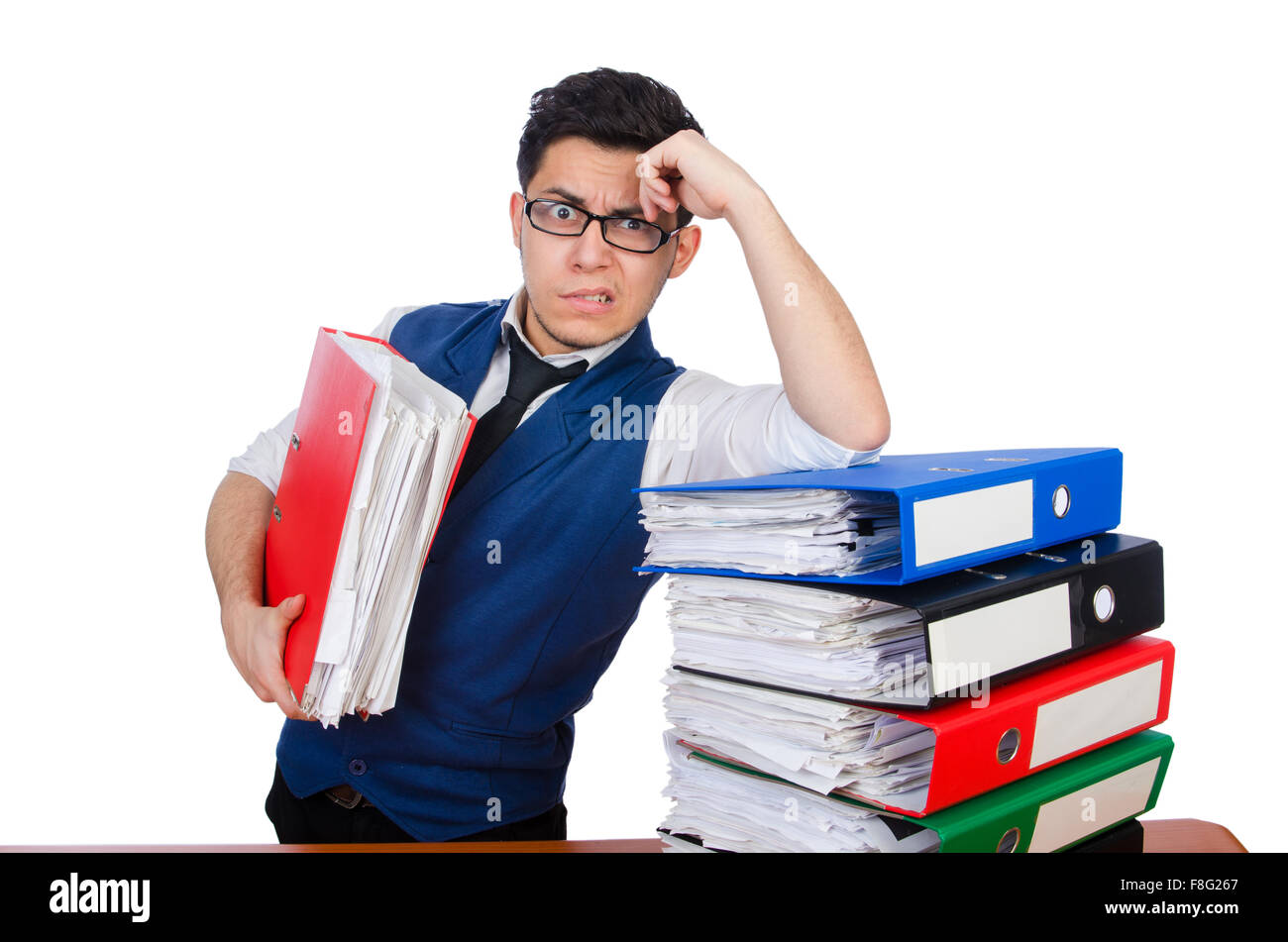 Funny man with lots of folders on white Stock Photo - Alamy