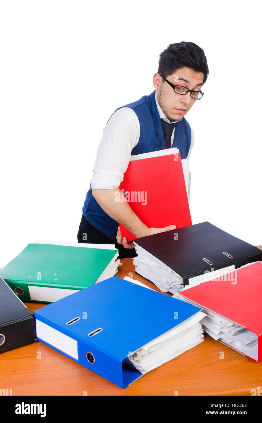 Funny man with lots of folders on white Stock Photo - Alamy
