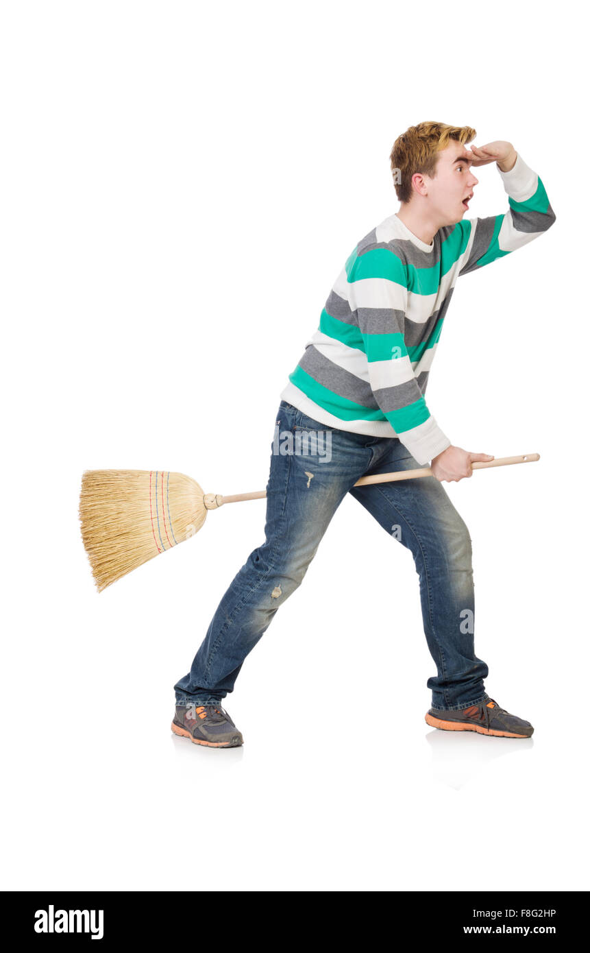 Funny man with mop isolated on white Stock Photo - Alamy