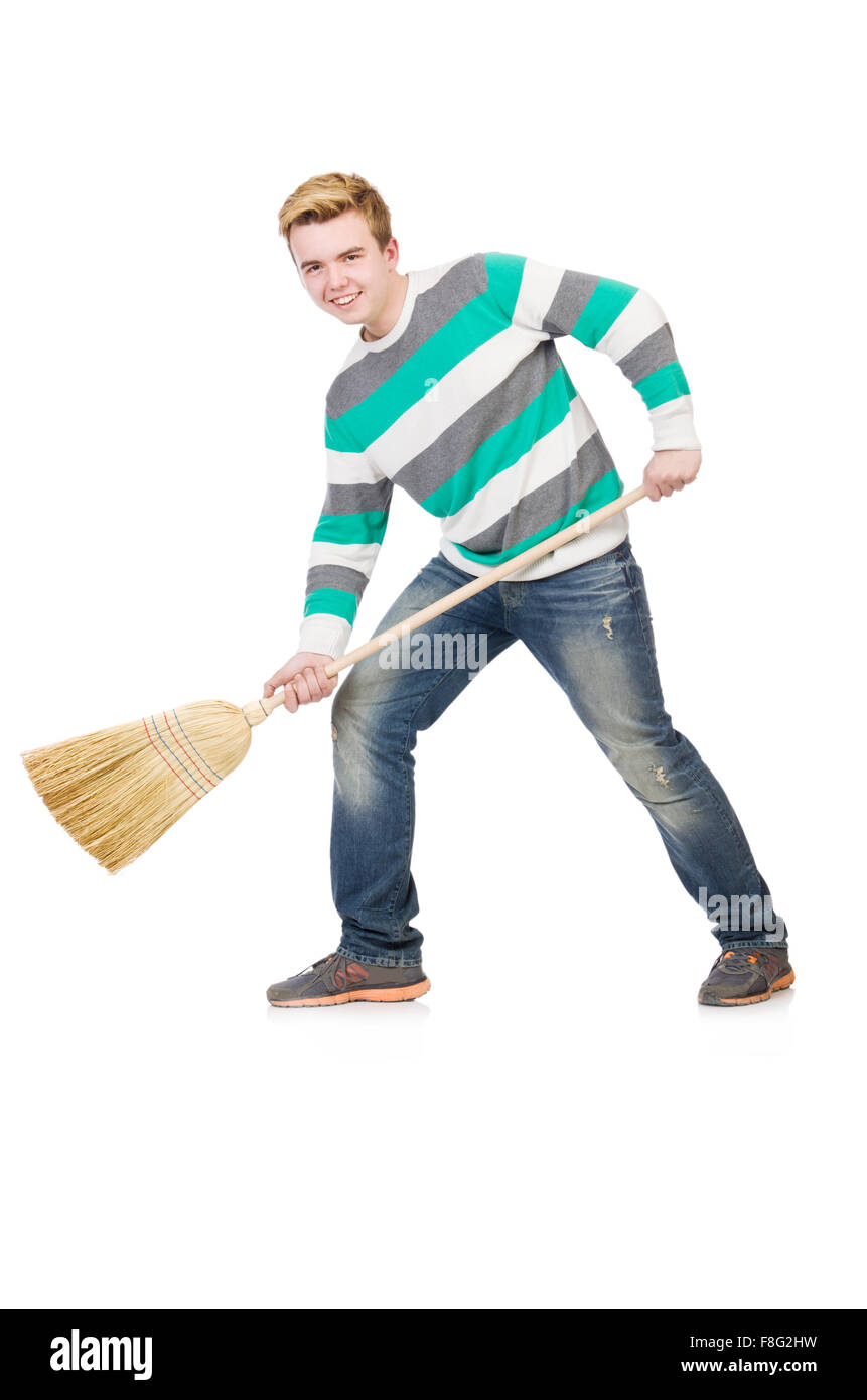 Funny man with mop isolated on white Stock Photo - Alamy