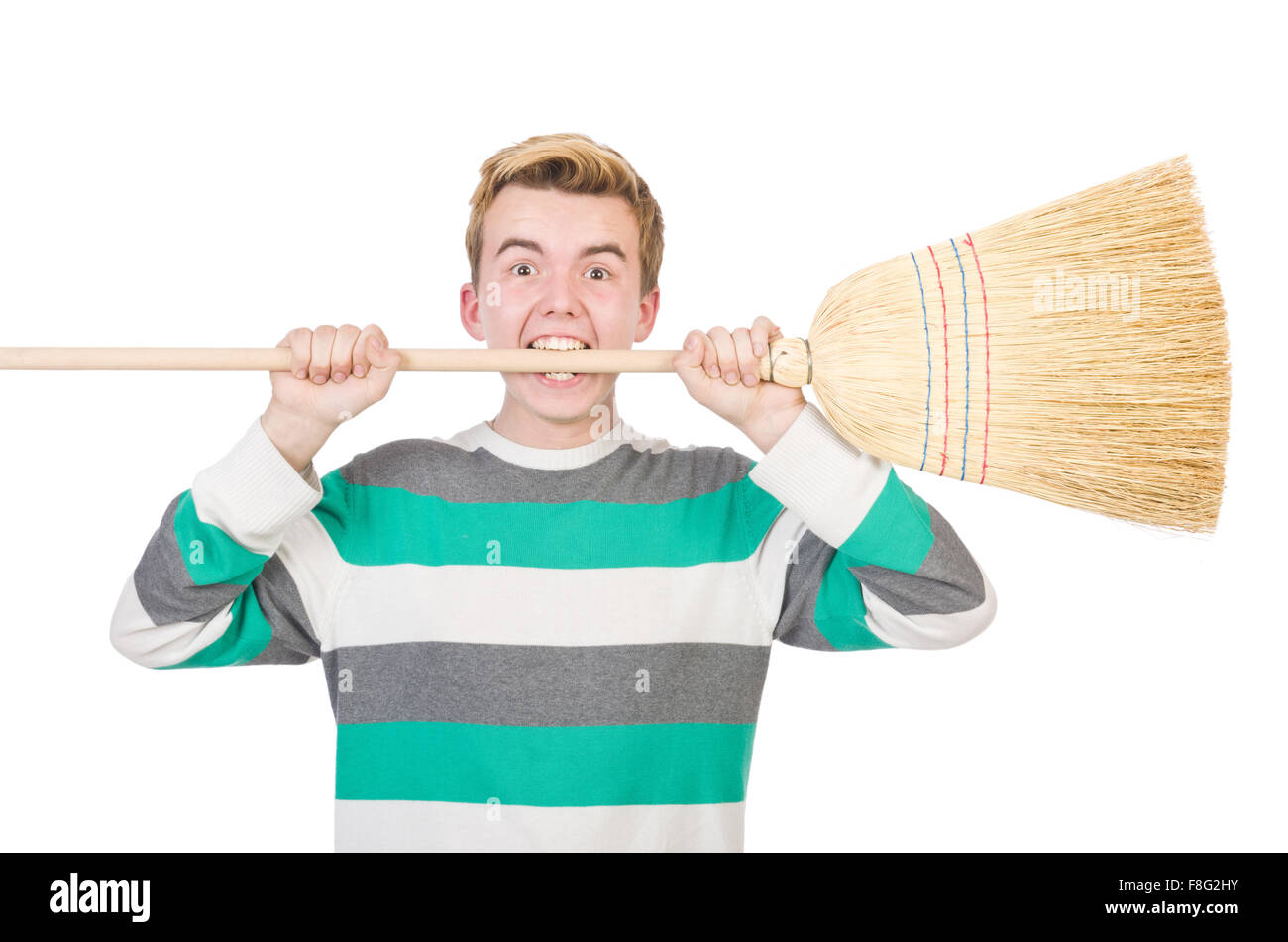 Funny man with mop isolated on white Stock Photo - Alamy